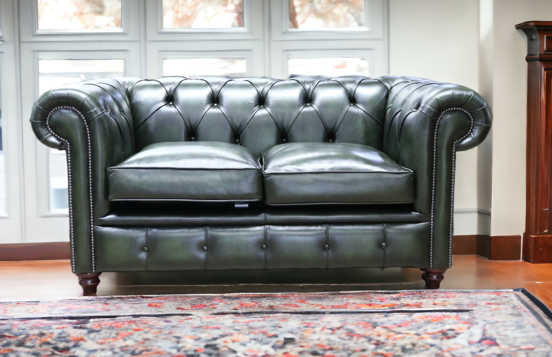 Duke Chesterfield Settee - 2 Seater Antique Green Leather Sofa