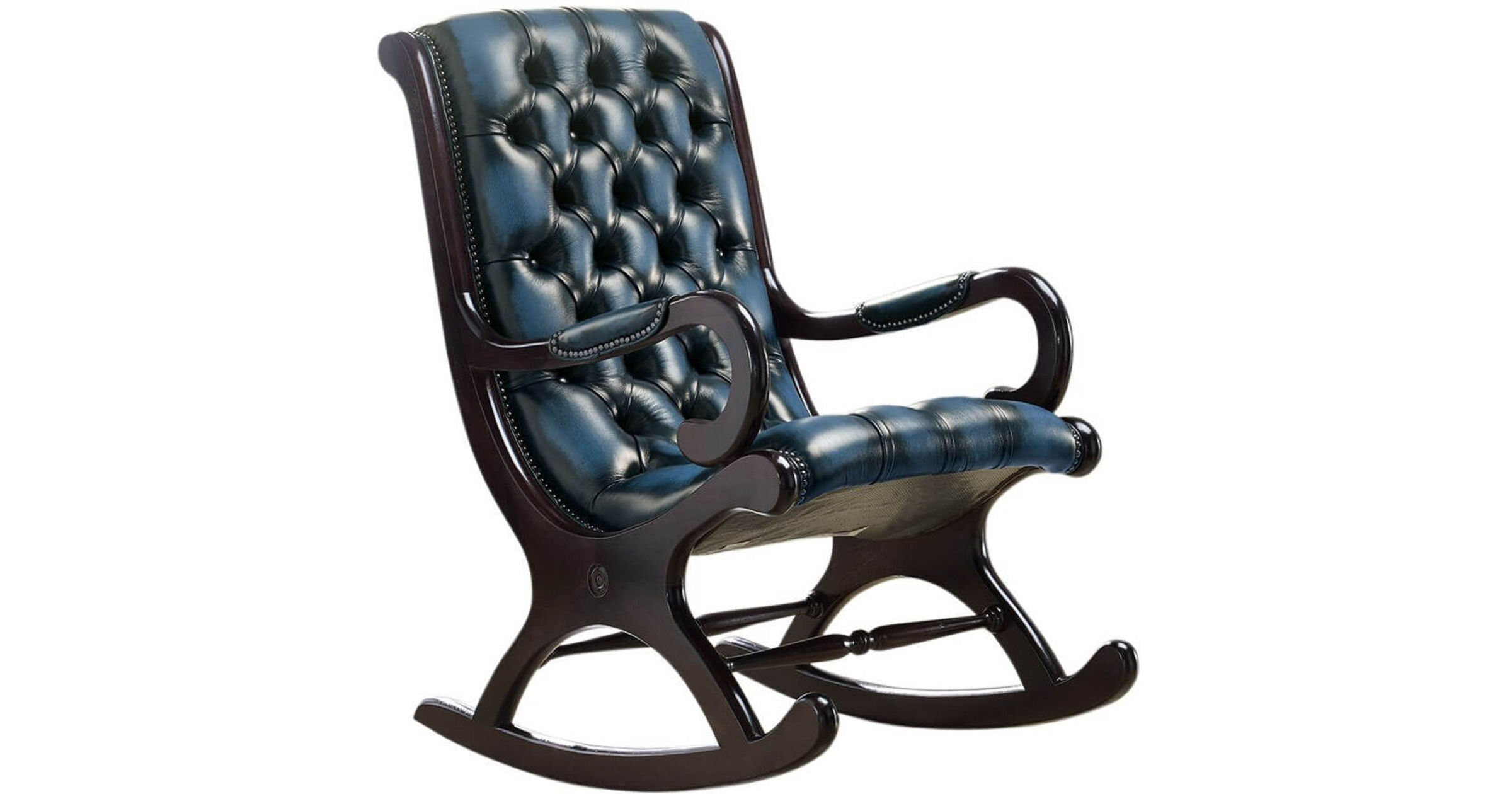 Antique Blue Leather Rocking Armchair - Chesterfield York Slipper