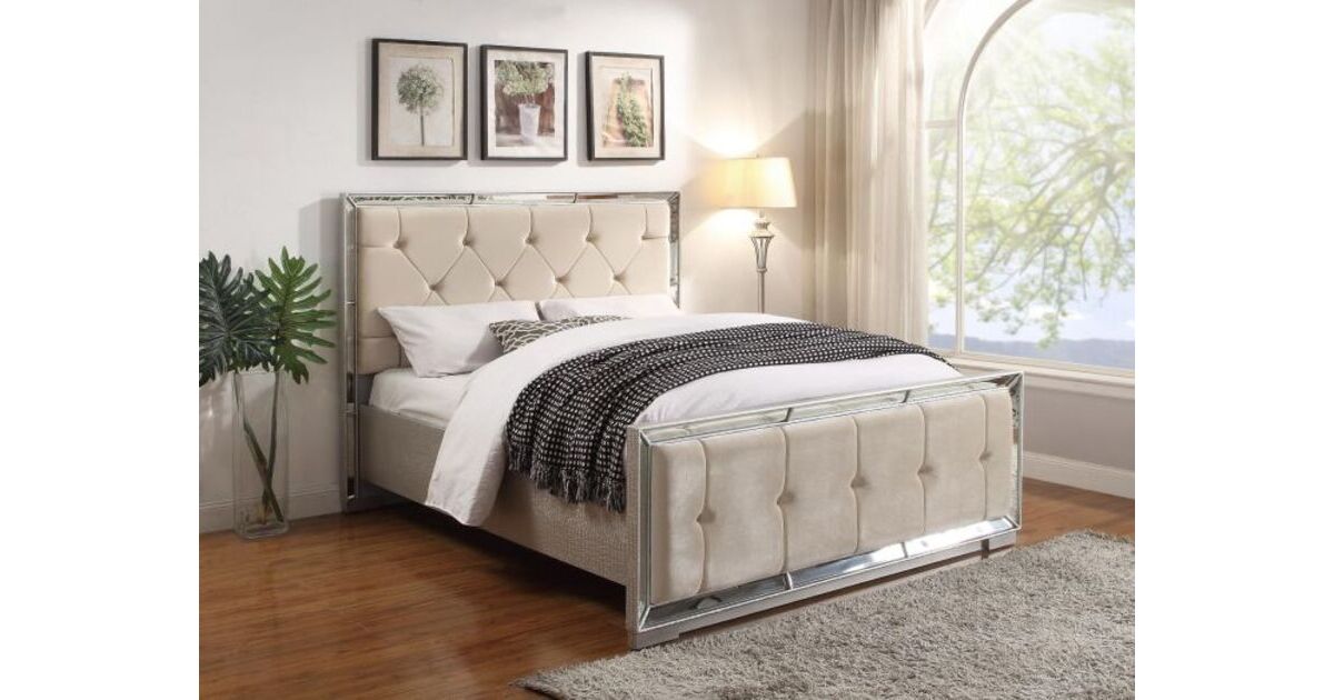 Nicia Wooden Velvet Double Size Bed In Cream | Designer Sofas4u