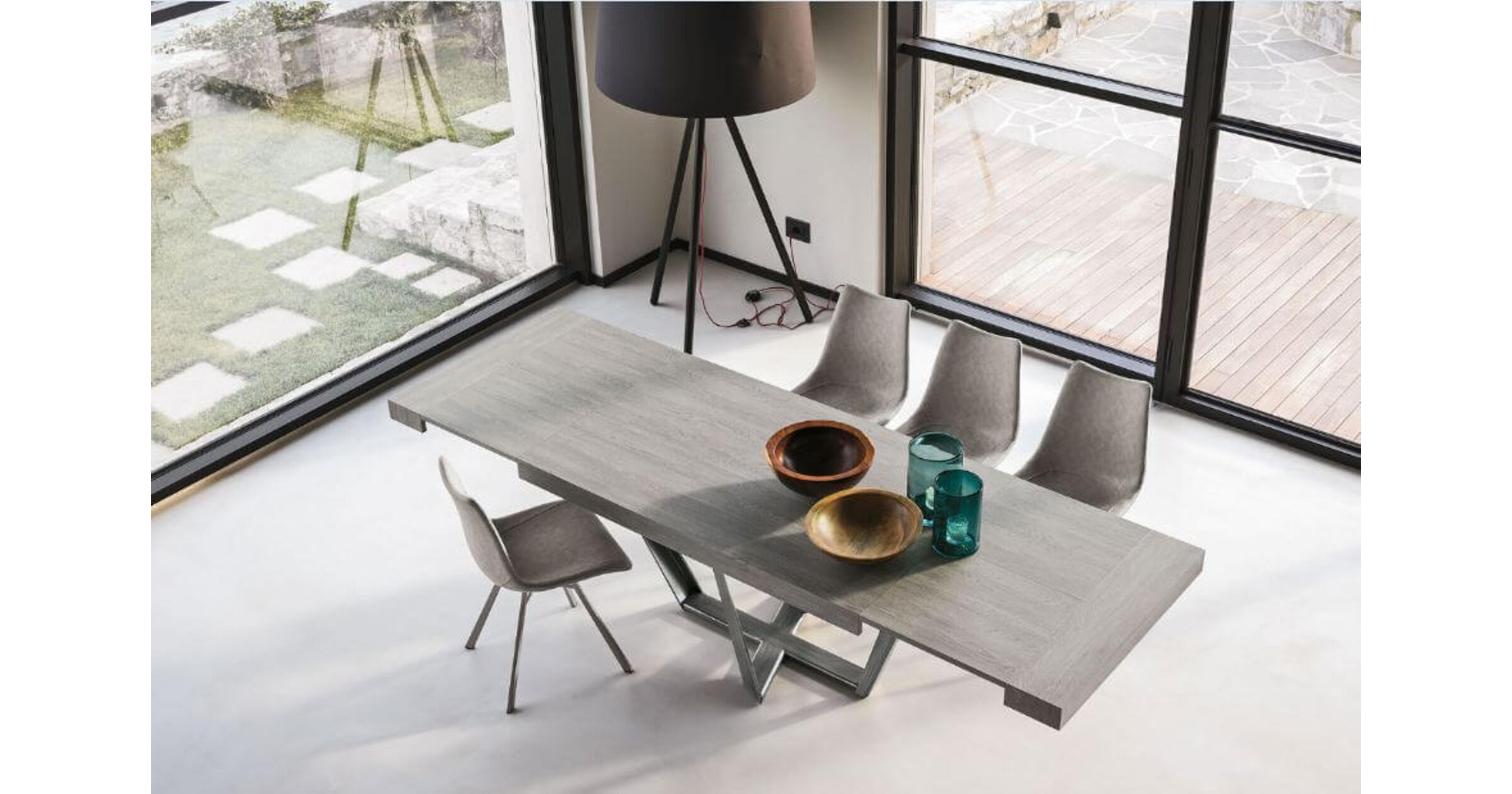 Apollo Extending Italian Dining Table Beaver Top With Brushed Silver Base