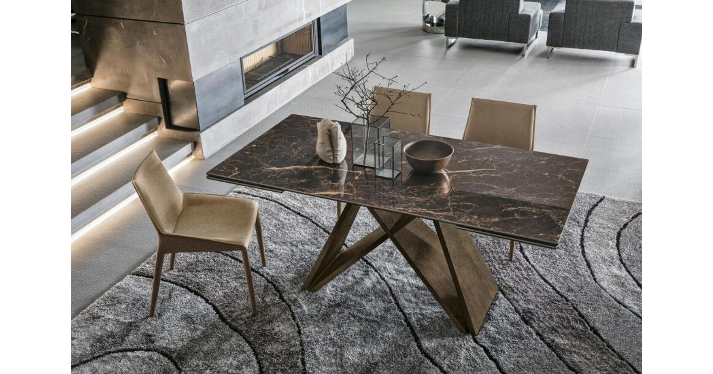 Delta Extending Italian Dining Table With Emperador Top Bronze Base 180cm