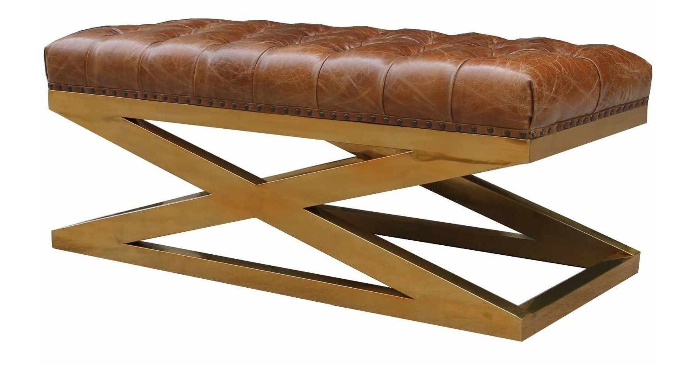 Luxury Redefined Buttoned Footstool with Brass Metal Finish