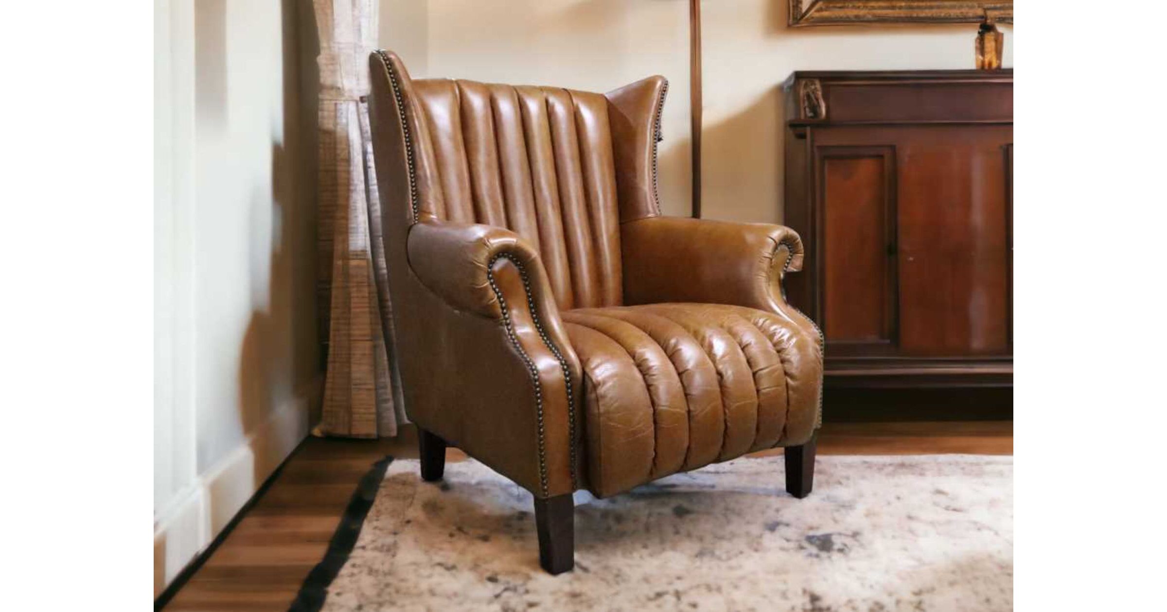 Cuban Cigar Vintage Tan Leather Wingback Chair