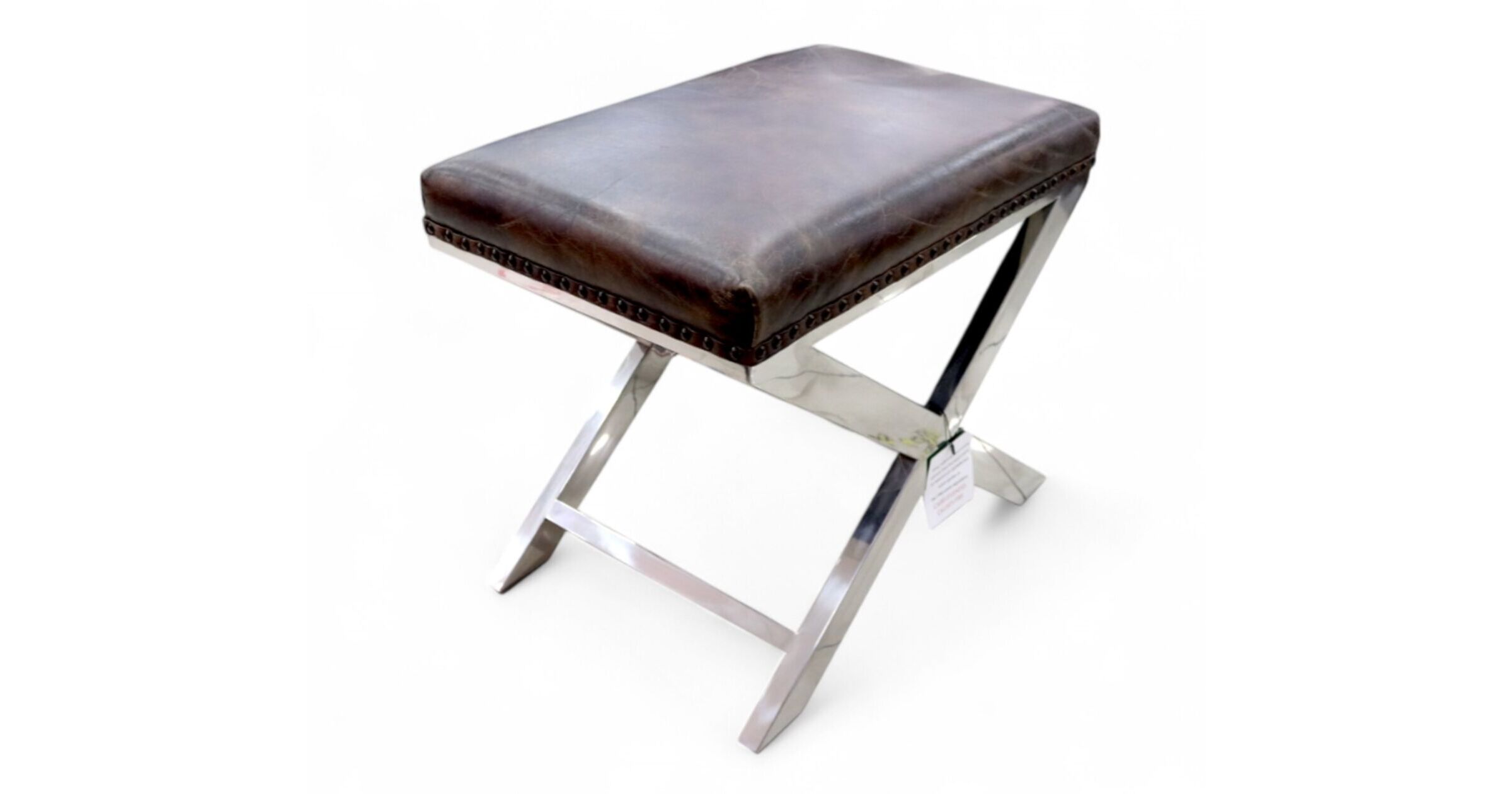 Tobacco Leather & Chrome X Base Footstool