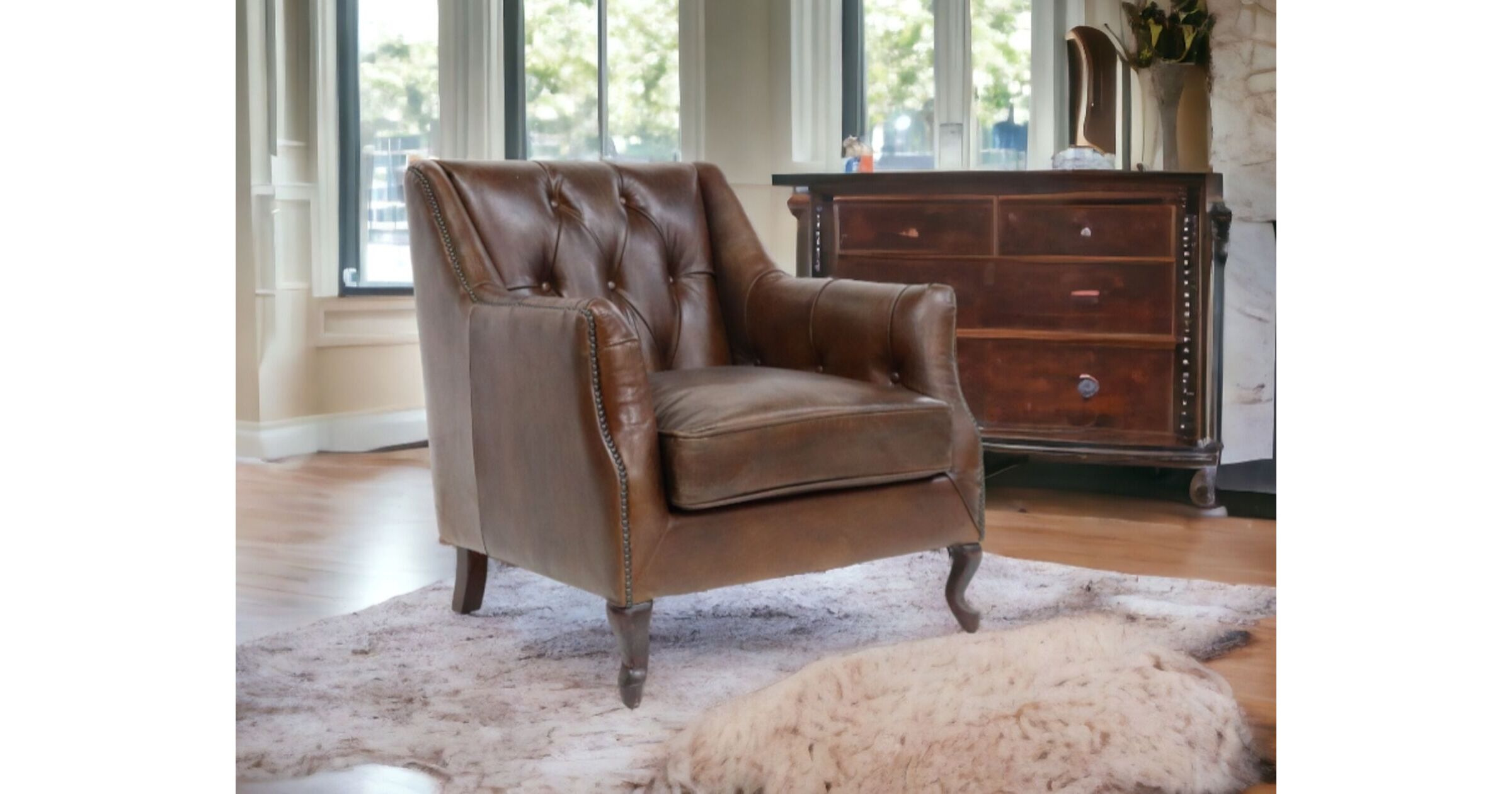 Opulent Vintage Style Button & Stud Armchair in Brown Distressed Leather