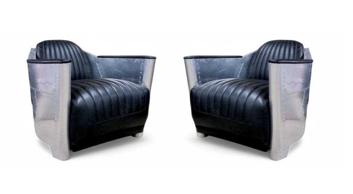 2 x Man Cave Aviator Vintage Rocket Tub Chairs Distressed Black Real ...