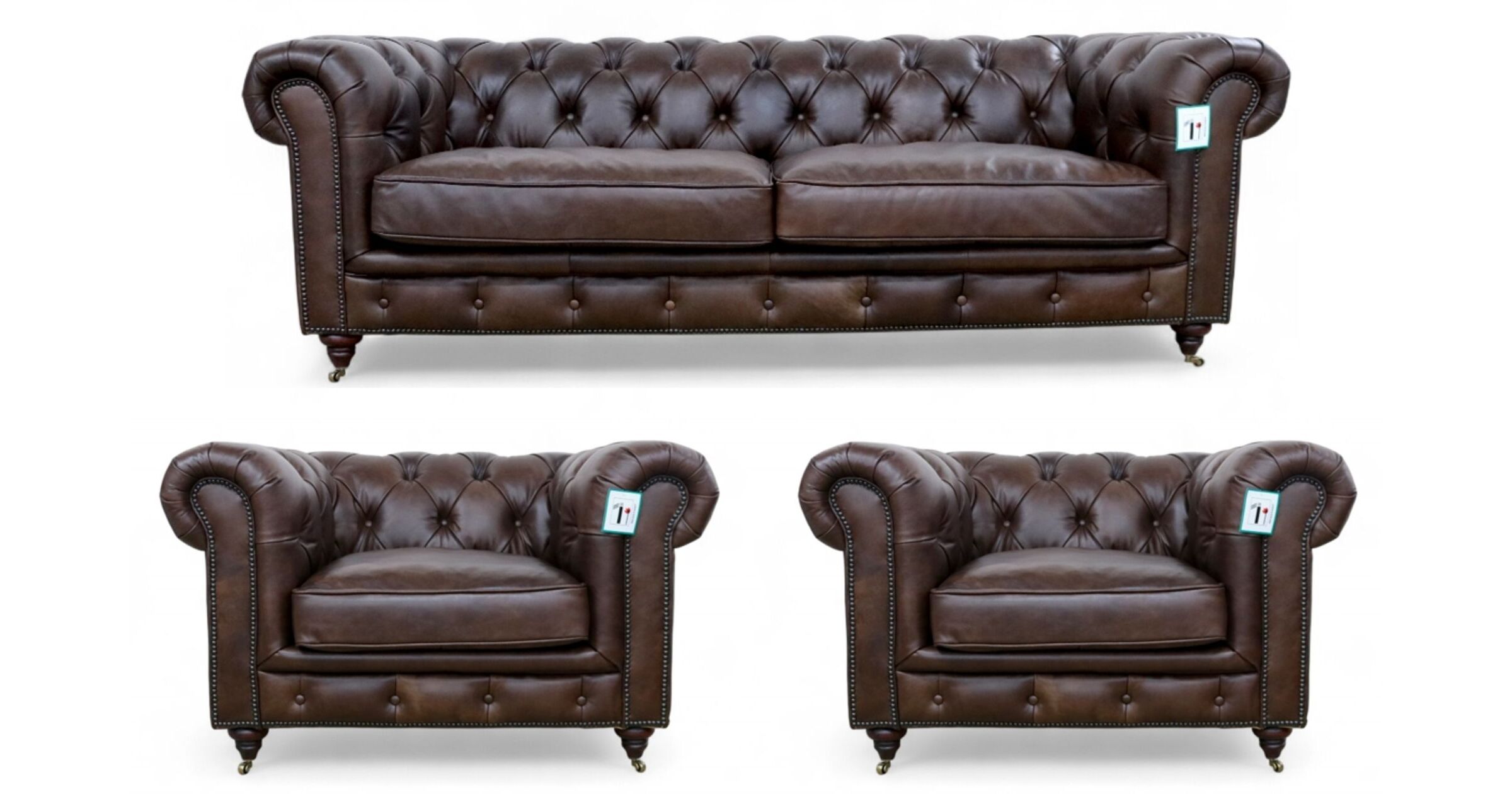 Noble Chesterfield 3+1+1 Umbar Brown Leather Sofa Suite | Designer Sofas4u