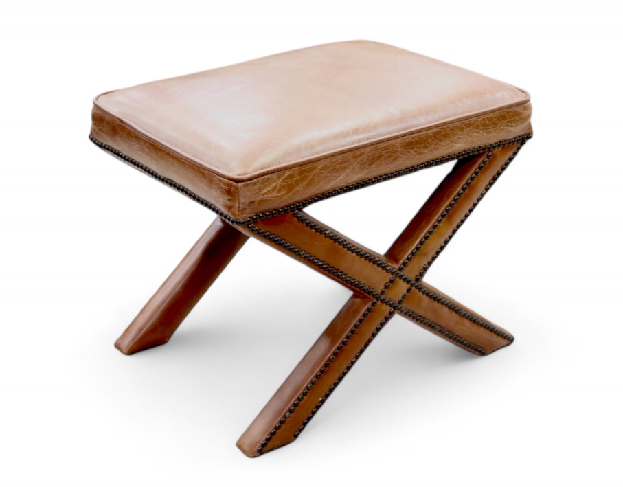 Studded Cross Tan Leather Footstool Timeless Appeal