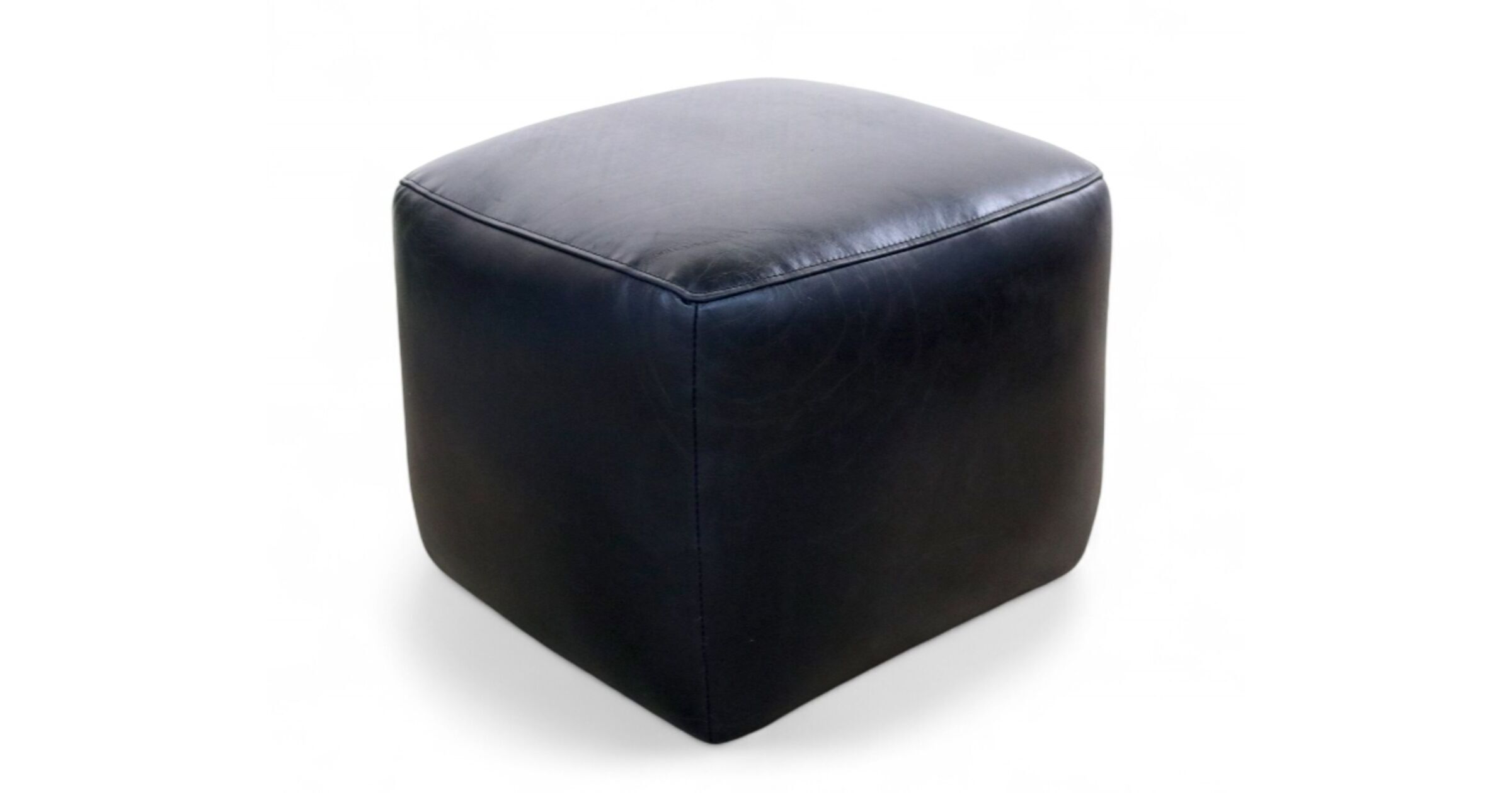 Vintage Black Leather Footstool Pouffe Distressed & Stylish