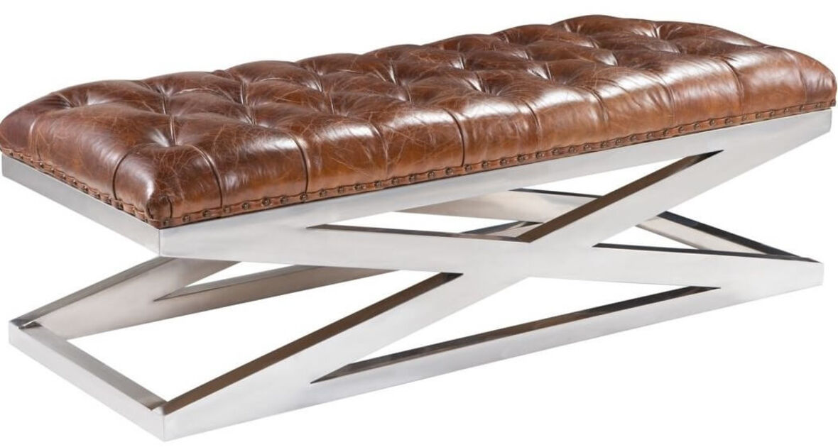 Vintage Leather Buttoned Footstool with Criss Cross Design