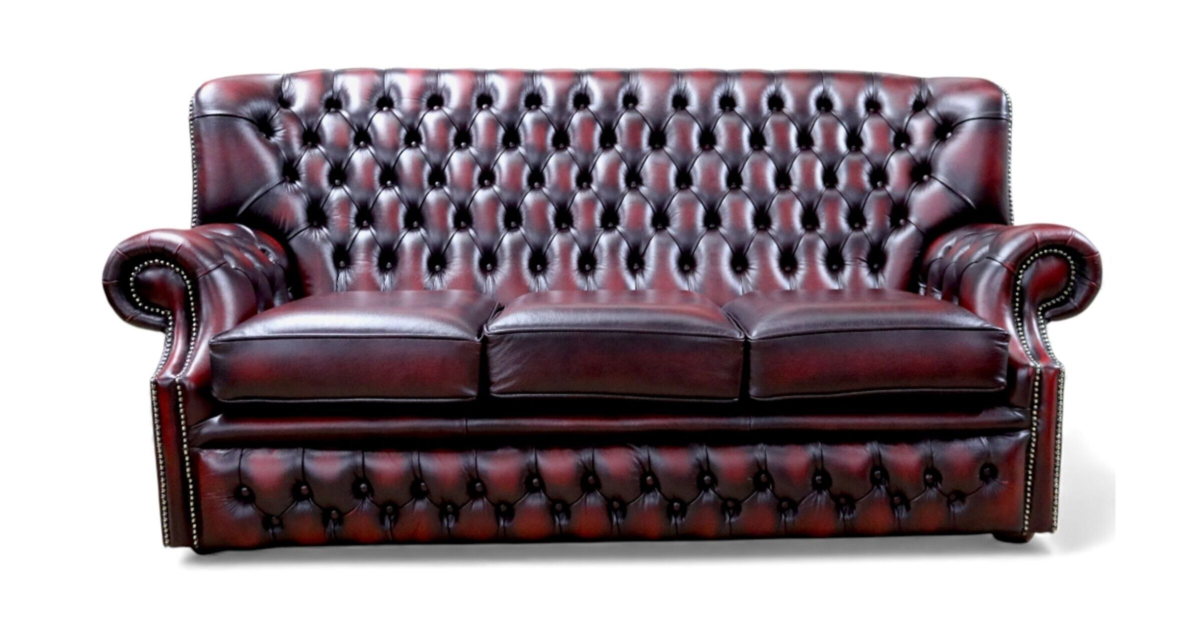 Antique Oxblood Leather Sofa Monks Chesterfield 3-Seater