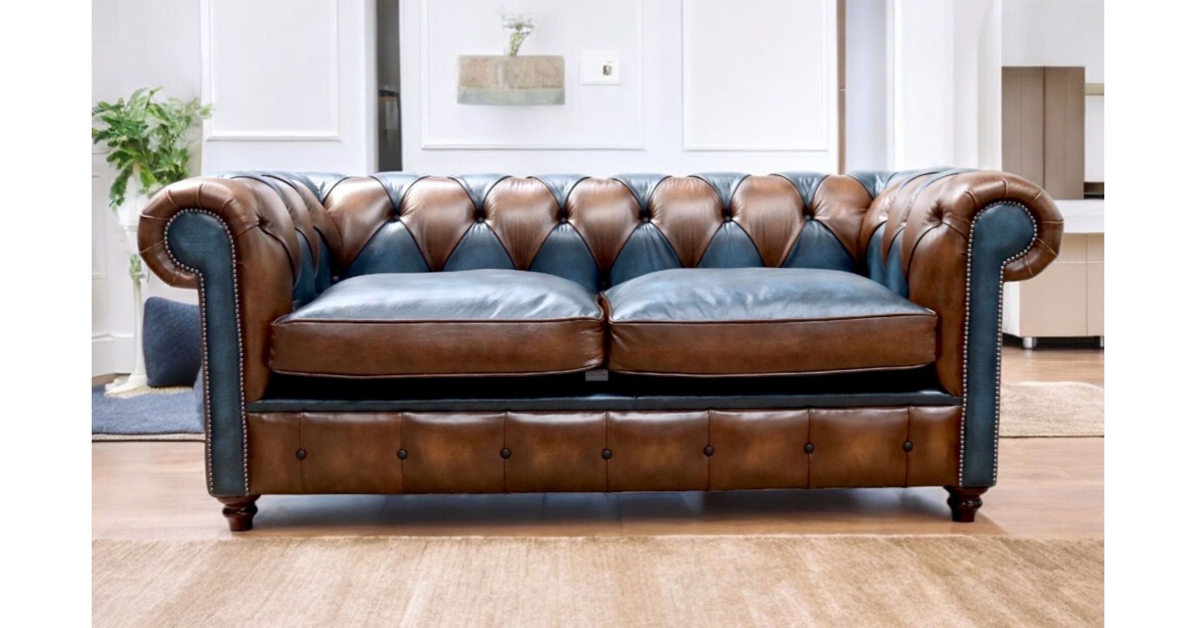 Duke Patchwork Heritage 3-Seater Sofa - Antique Tan & Blue Leather