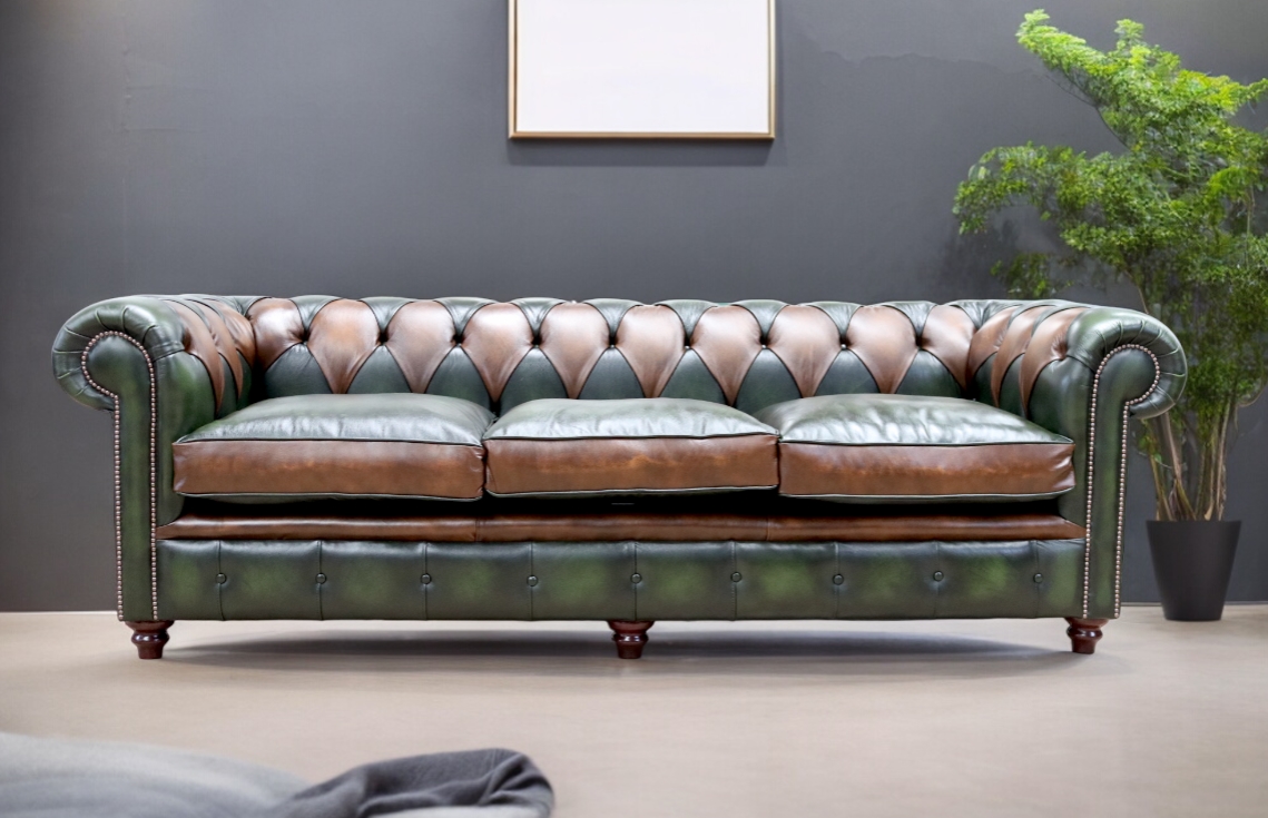 Duke Patchwork Legacy 4-Seater Sofa - Tan Green Leather