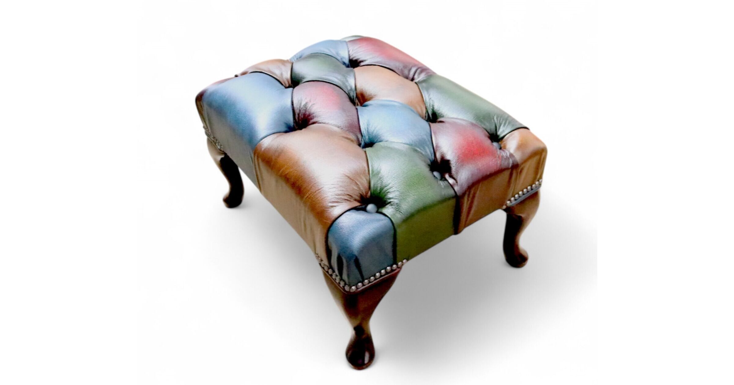 Antique Leather Patchwork Chesterfield Queen Anne Footstool