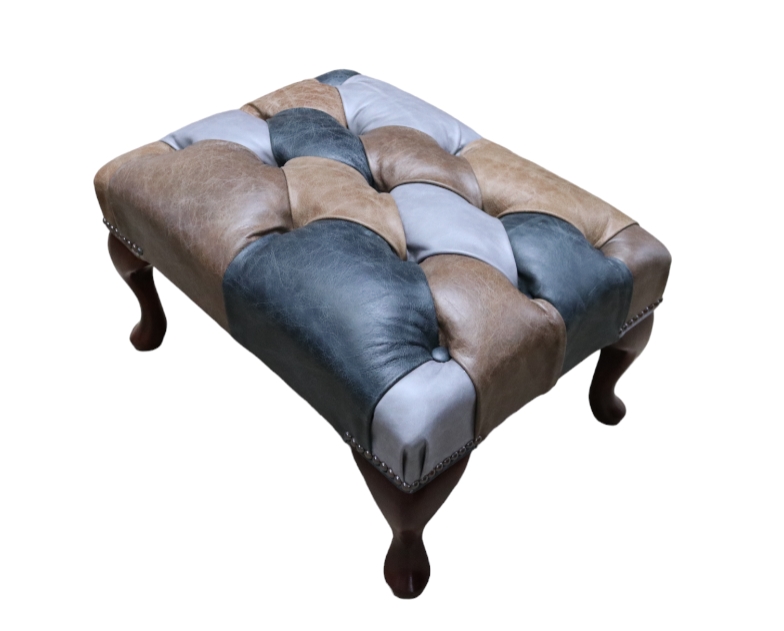 Cracked Wax Leather Patchwork Chesterfield Queen Anne Footstool
