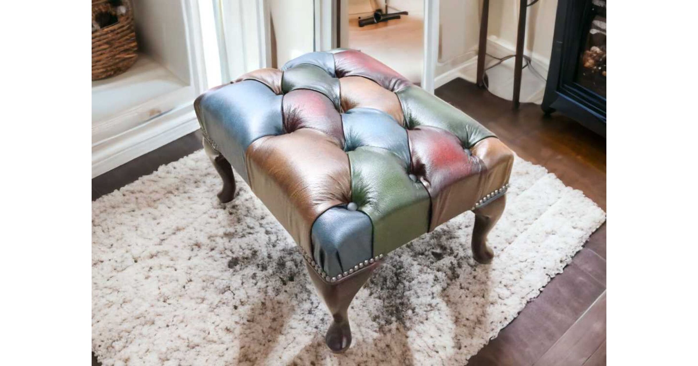 Antique Leather Patchwork Chesterfield Queen Anne Footstool