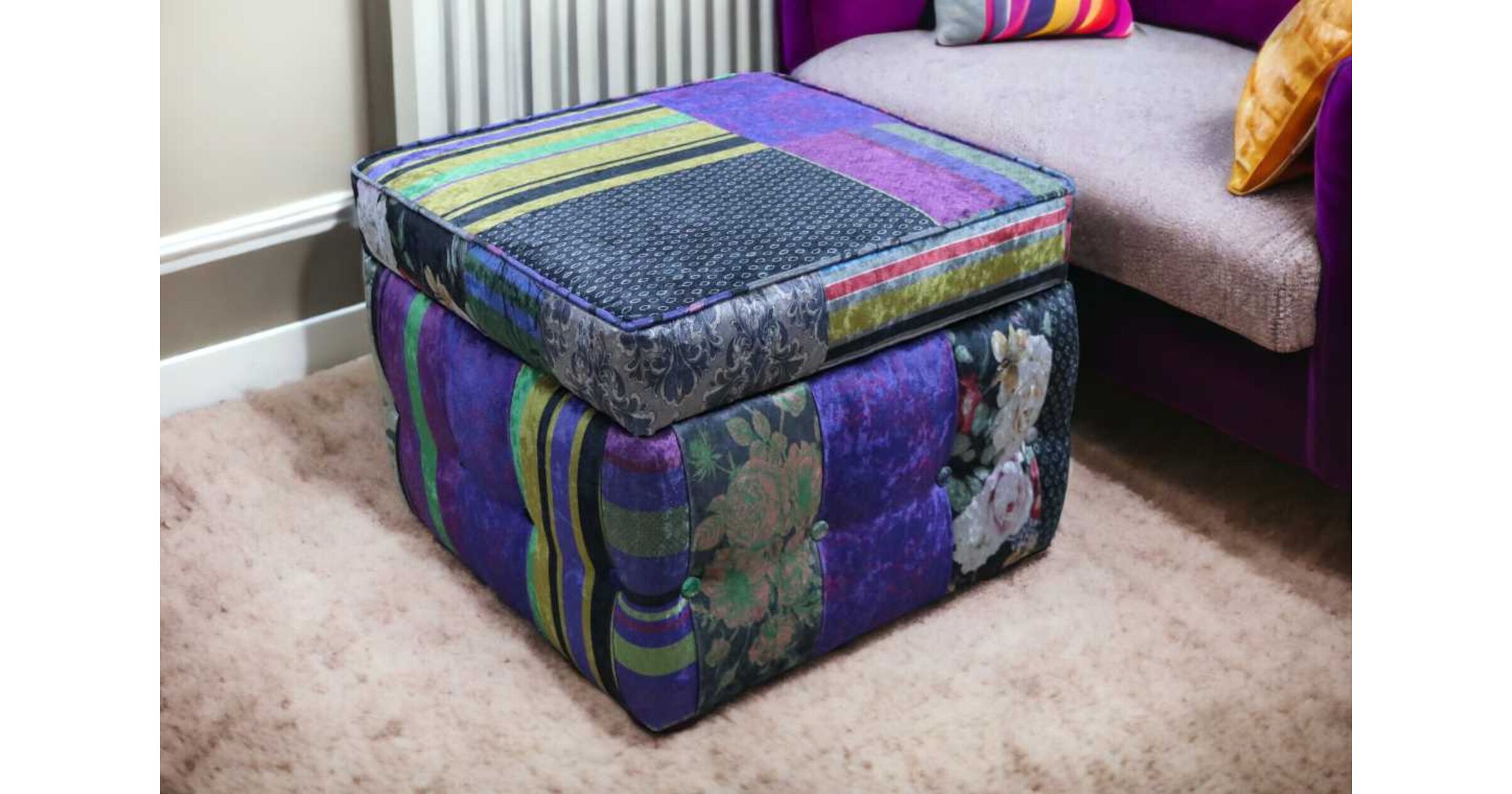 Designer Velvet Pouffe with Patchwork Design | Storage Box