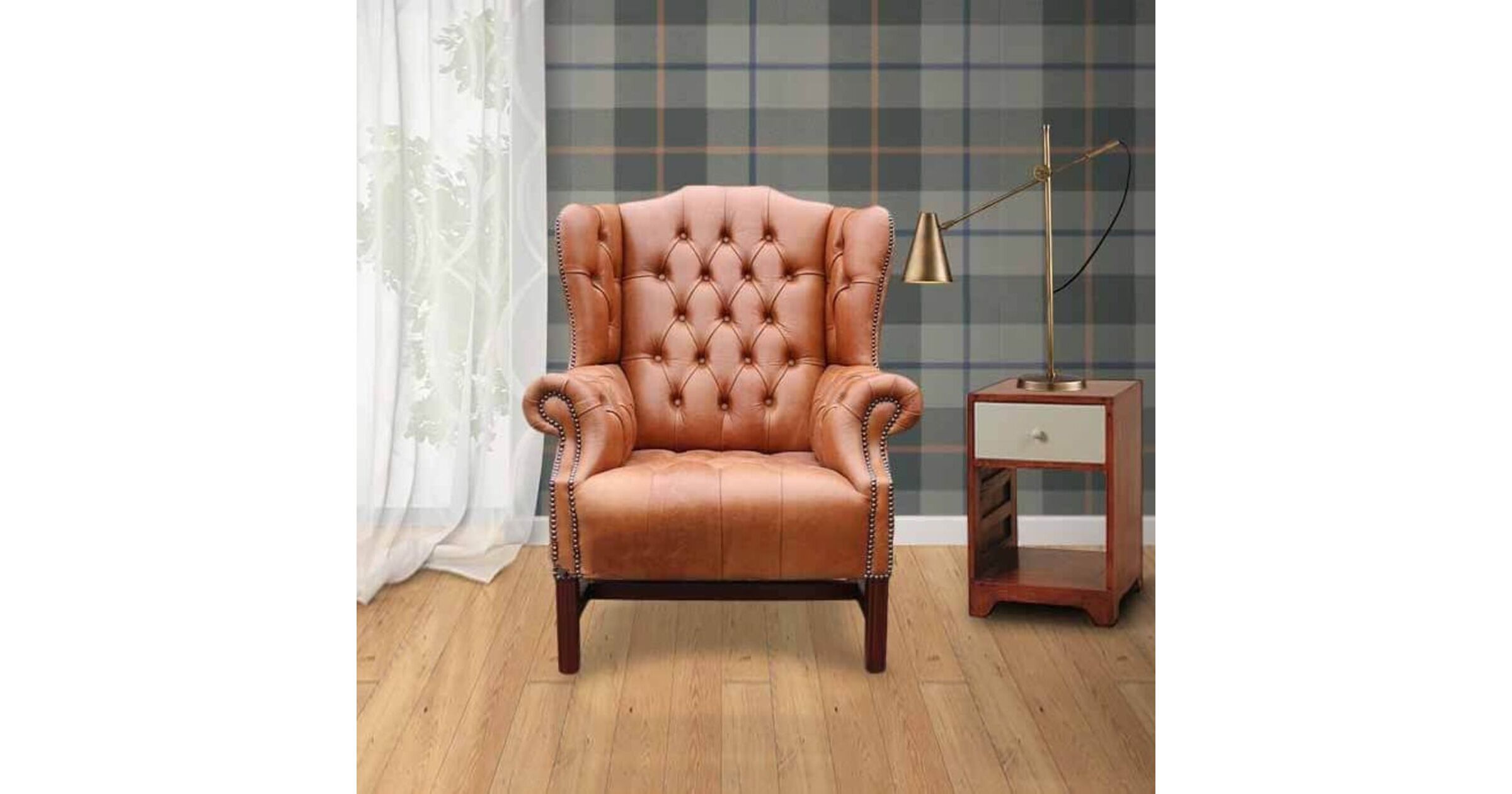 Chesterfield Churchill Tan High Back Wing chair | DesignerSofas4U