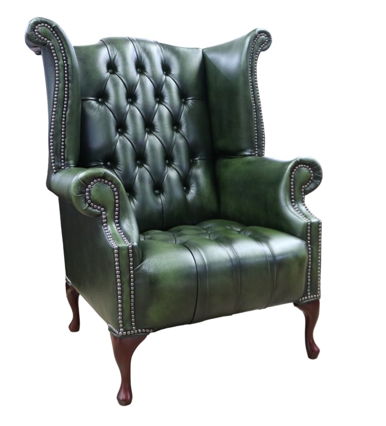 Chesterfield Green Buttoned Seat High Back Wing Chair | DesignerSofas4U