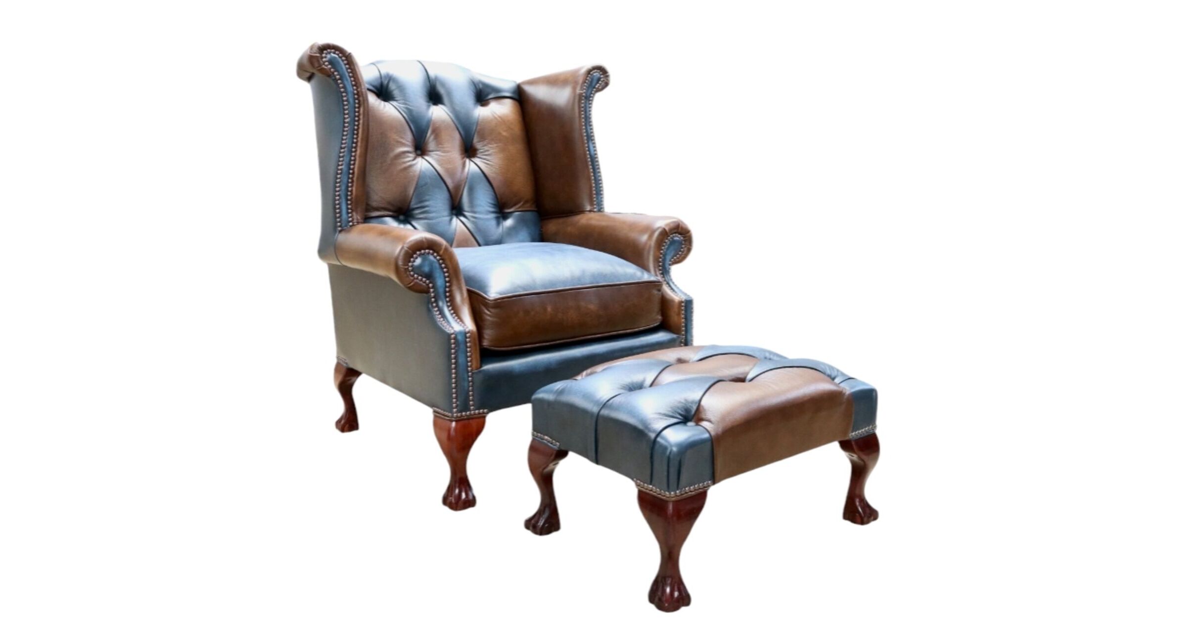Duke Patchwork Heritage Chesterfield Queen Anne Wing Chair & Footstool