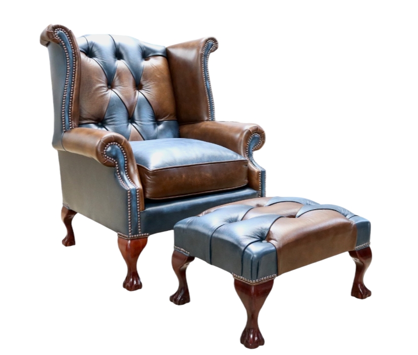 Duke Patchwork Heritage Chesterfield Queen Anne Wing Chair & Footstool