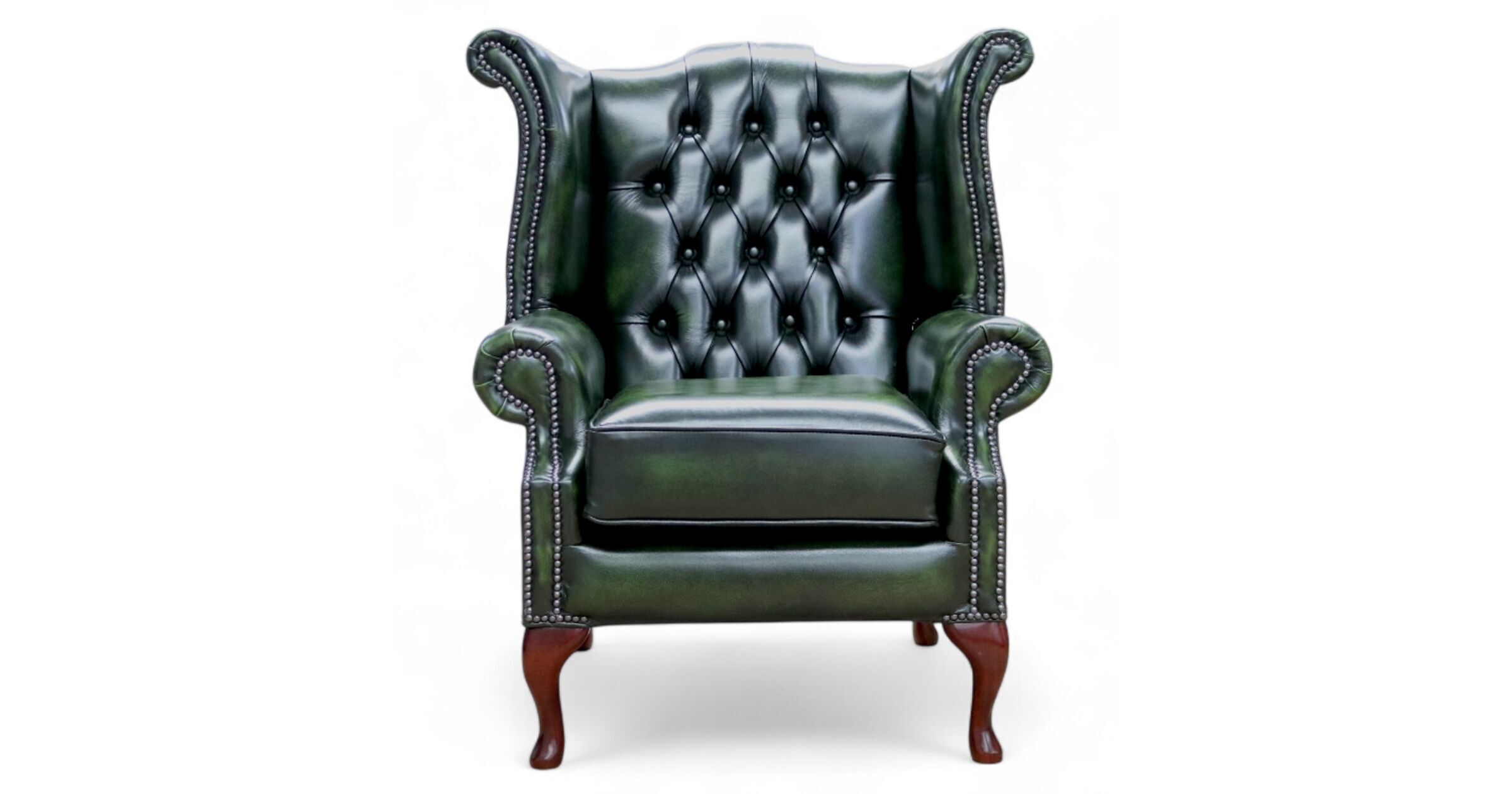 Luxurious Seating Queen Anne High Back in Antique Green Leather