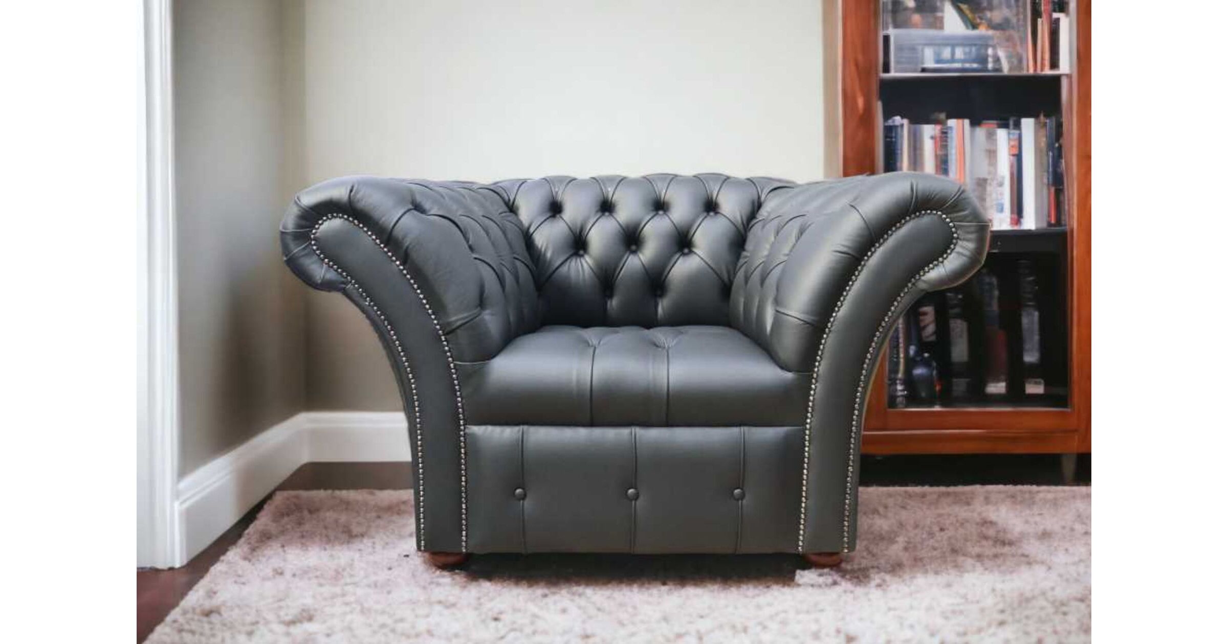 Chesterfield Black Leather Buttoned Seat Armchair - DesignerSofas4U Store