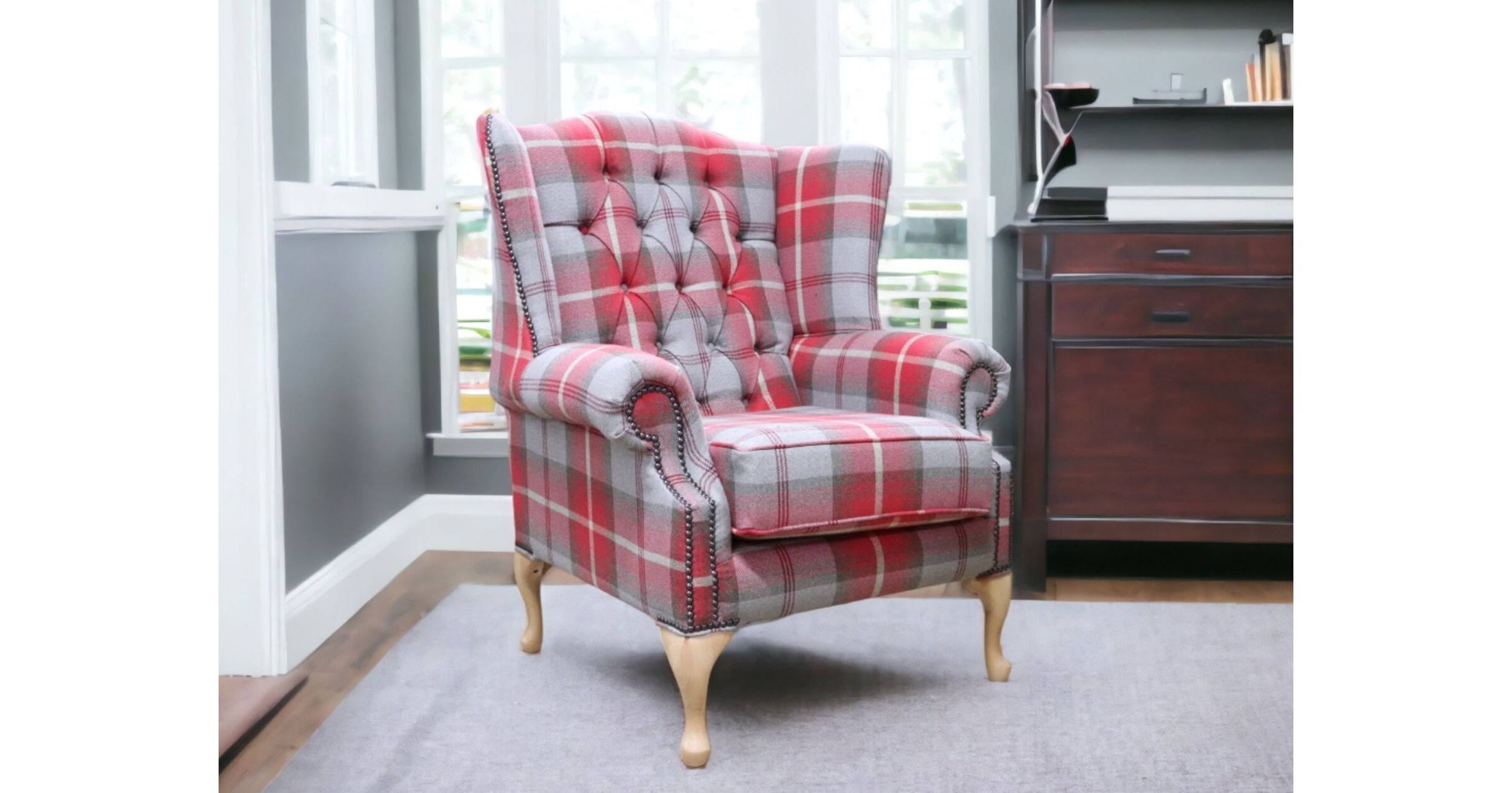 Tartan Cherry Check Chesterfield High Back Armchair | DesignerSofas4U