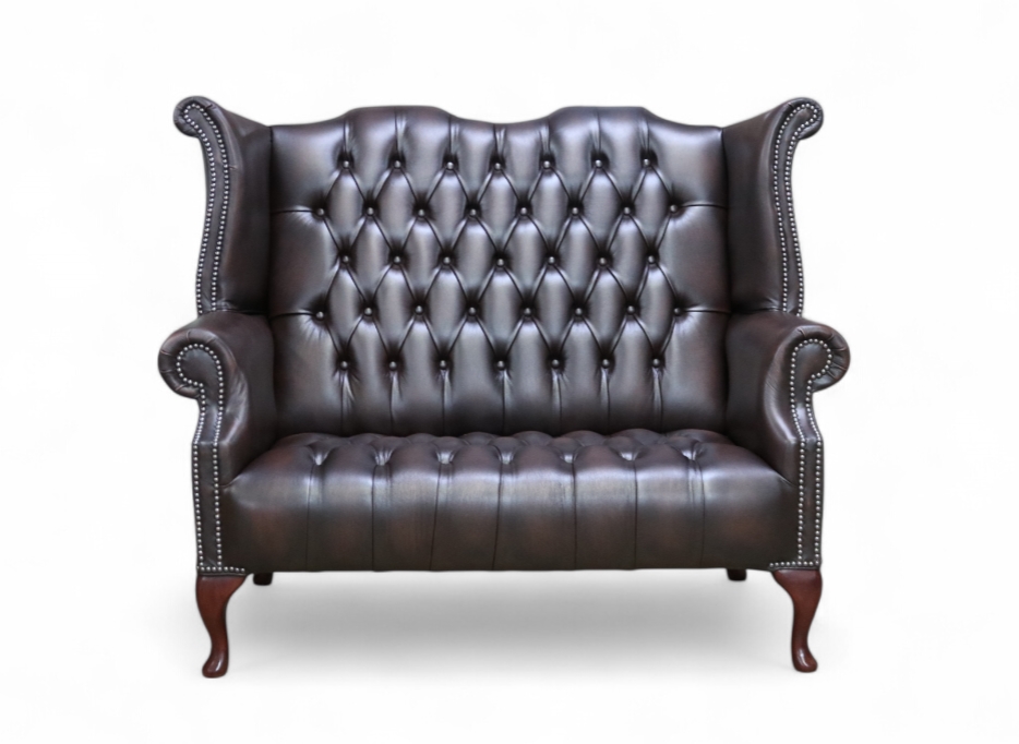 Luxury Chesterfield 2 Seater Antique Brown Leather Wing Sofa