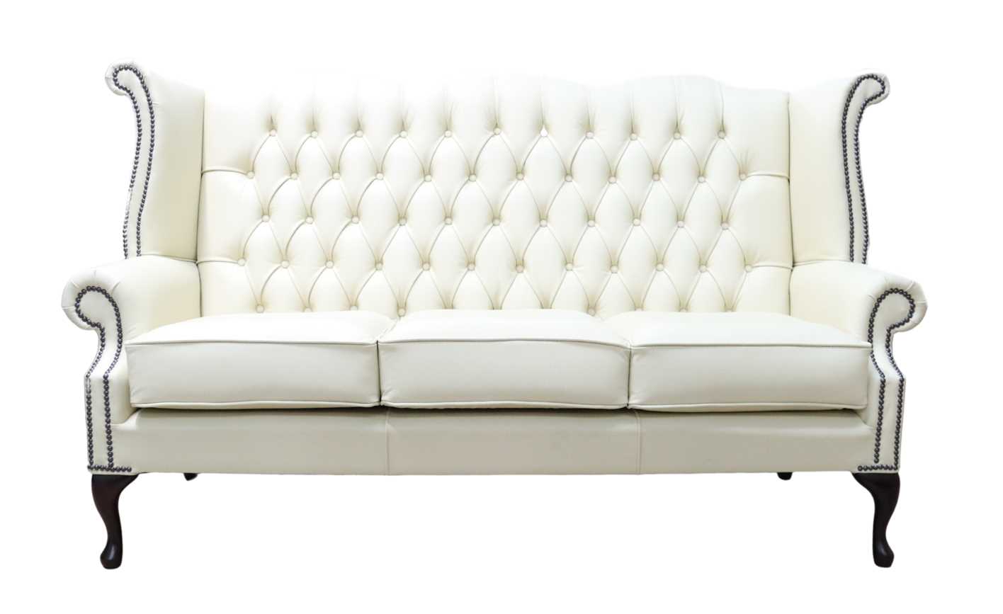 Chesterfield 3 Seater Queen Anne High Back Wing Sofa Cream Leather