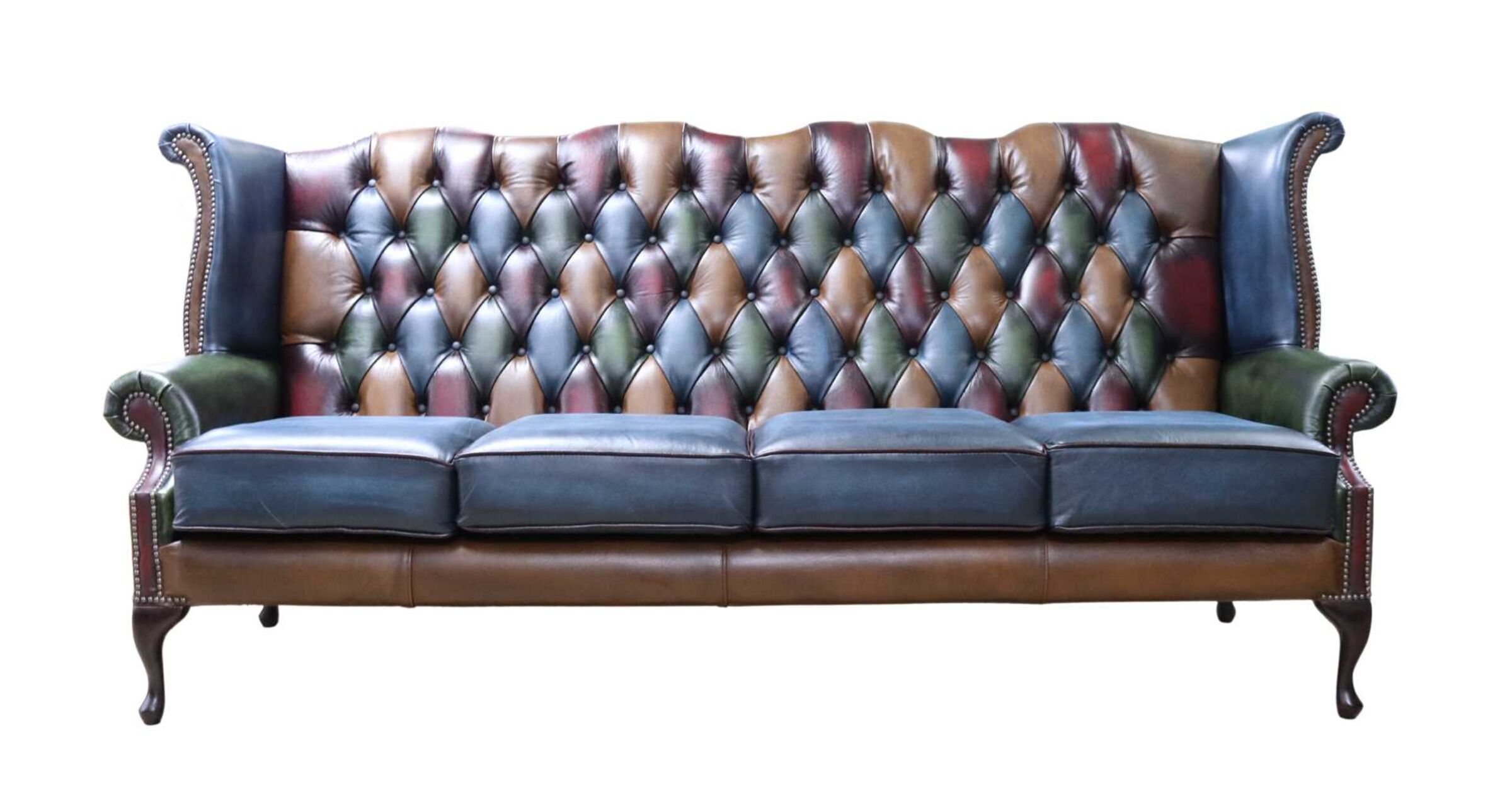 Chesterfield 4 Seater Queen Anne High Back Wing Sofa Antique Patchwork ...