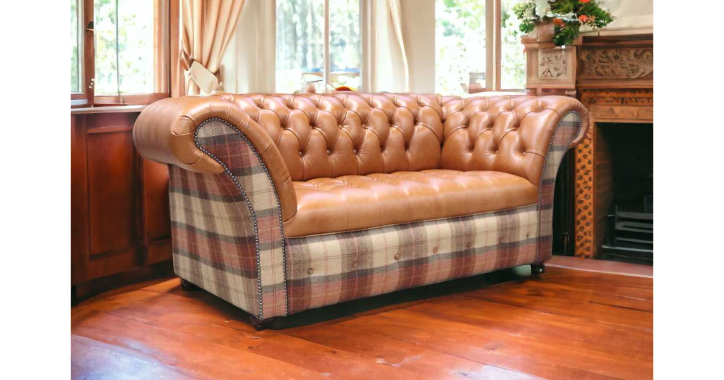 Old English Bruciato Leather & Rosewine Wool Balmoral Sofa
