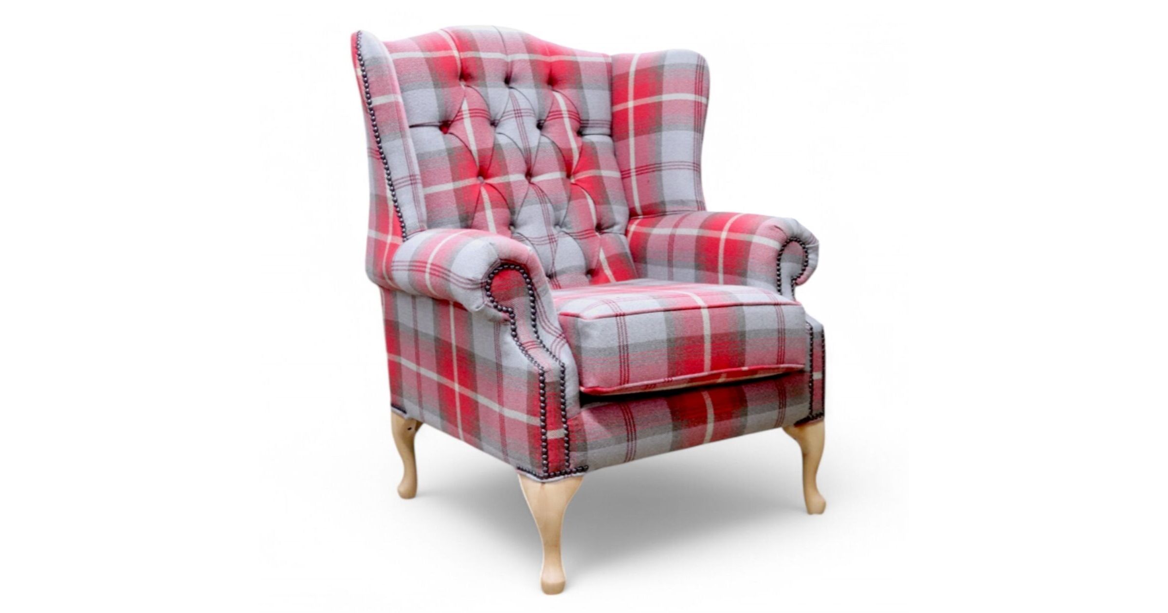 Tartan Cherry Check Chesterfield High Back Armchair | DesignerSofas4U