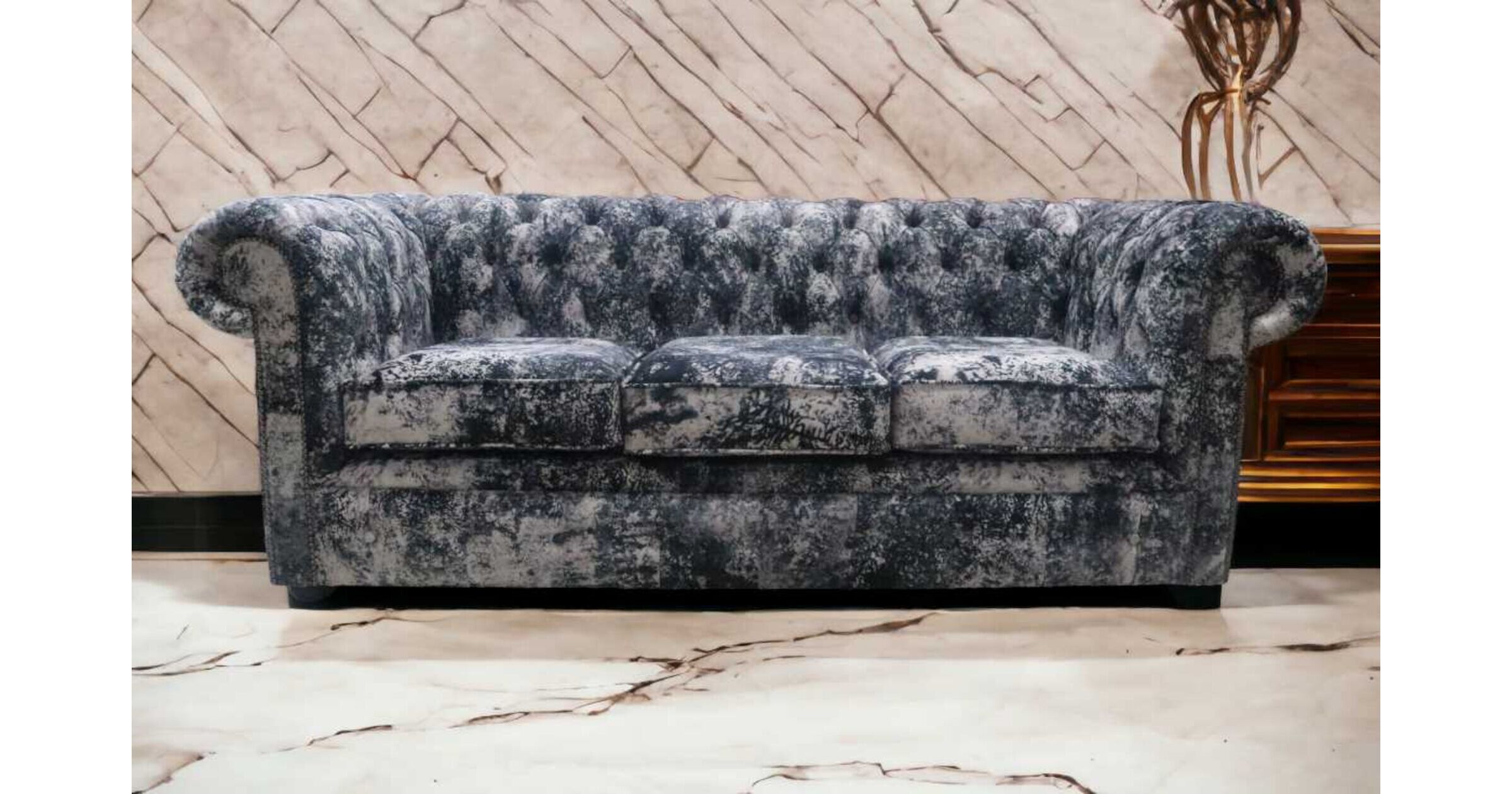 Chesterfield Soft Fabric Sofa Abstract Print 3 Seater | Designer Sofas4u