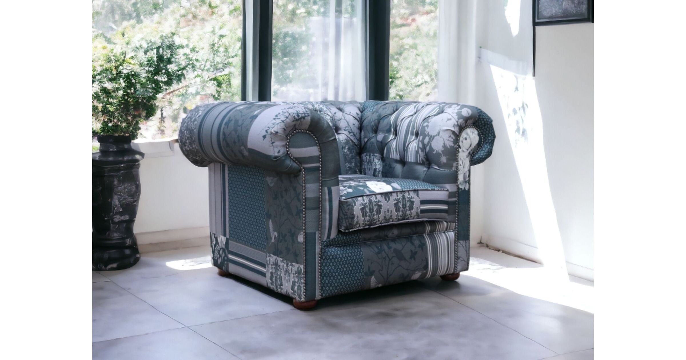Grey Patchwork Fabric Club Chair Your Stylish Choice with Chesterfield