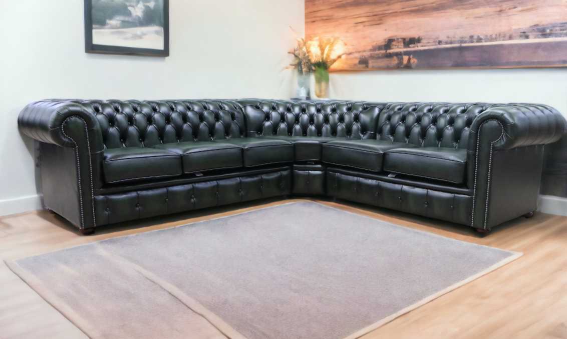 Antique Green Leather Chesterfield 3+2 Corner Sofa Unit