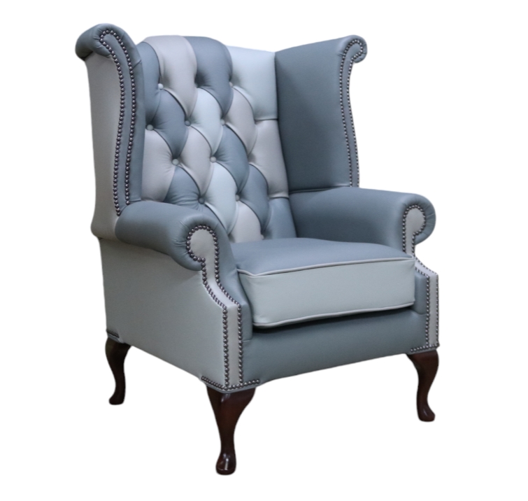 Chesterfield Patchwork Grey Queen Anne Wing Chair Leather