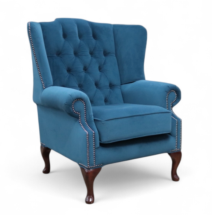Kingfisher Blue Velvet Chesterfield High Back Wing chair | DesignerSofas4U