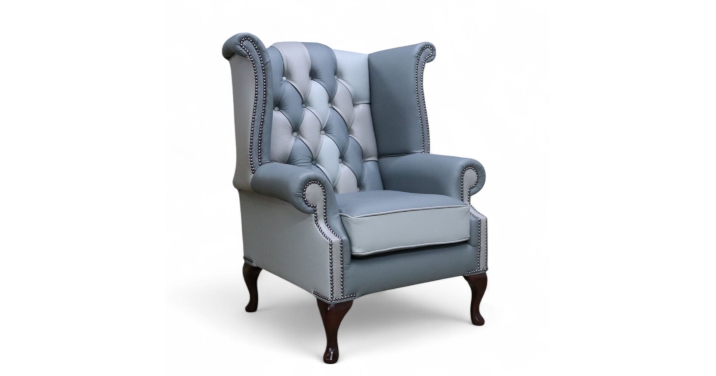Chesterfield Patchwork Grey Queen Anne Wing Chair Leather