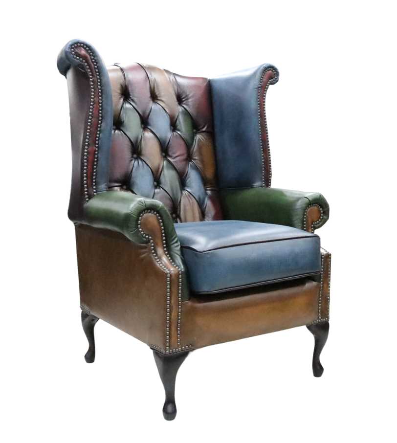 Patchwork Chesterfield Queen Anne Wing Chair - Antique Real Leather