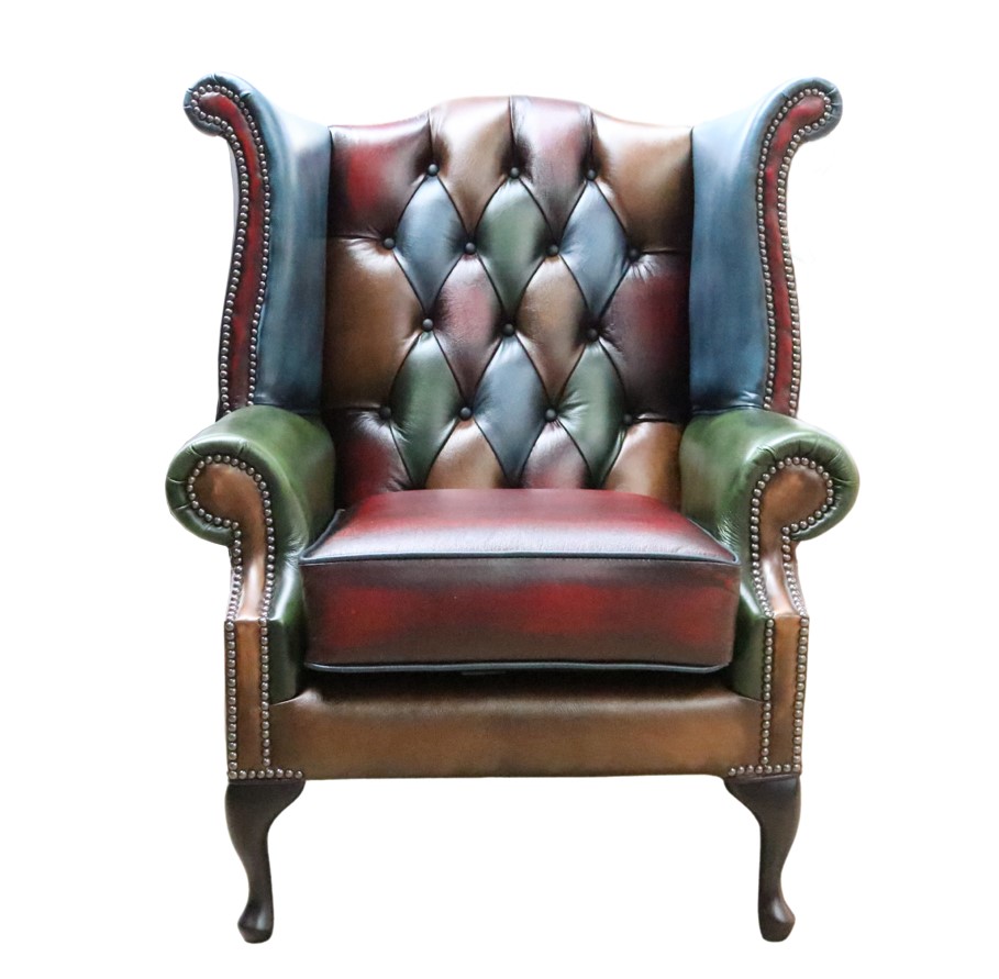 Chesterfield Patchwork Queen Anne Wing Chair Antique Real Leather | Designer Sofas4u