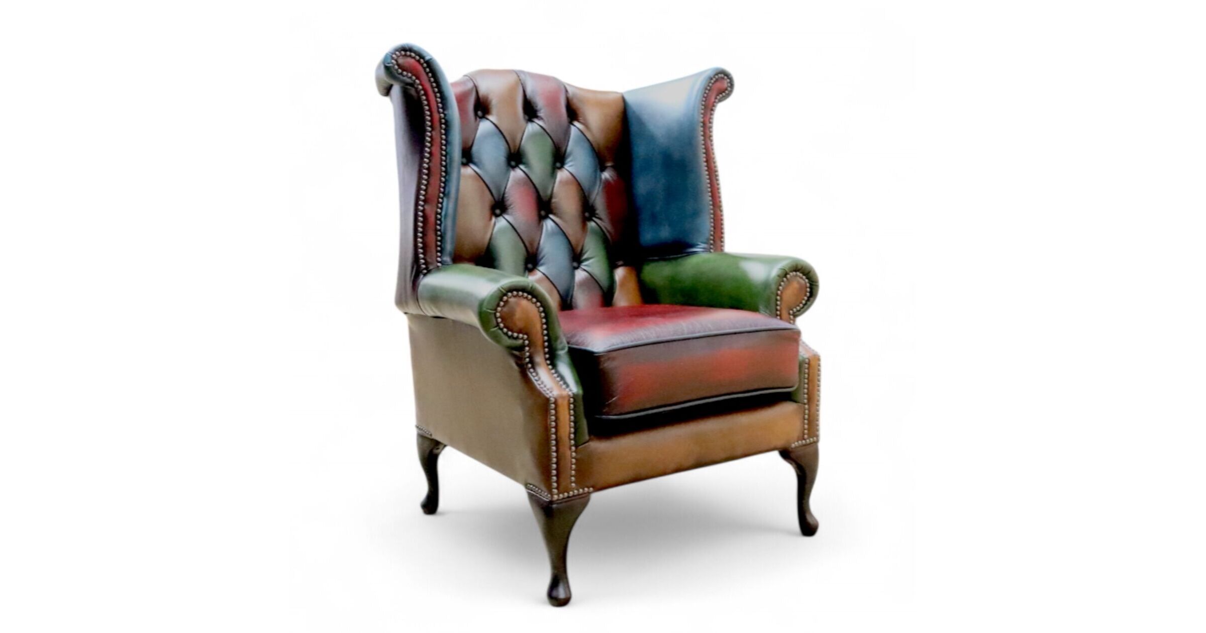 Chesterfield Patchwork Queen Anne Wing Chair in Leather