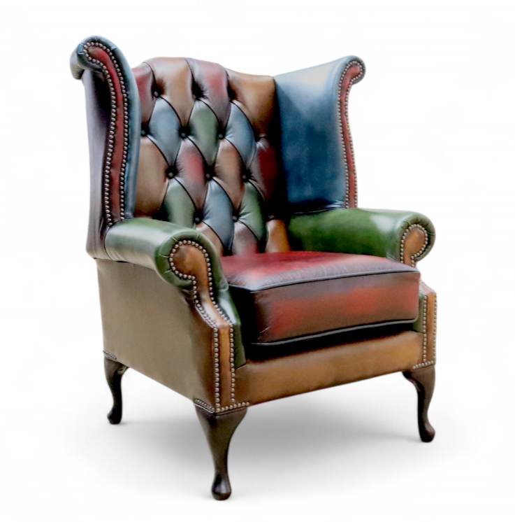 Chesterfield Patchwork Queen Anne Wing Chair in Leather