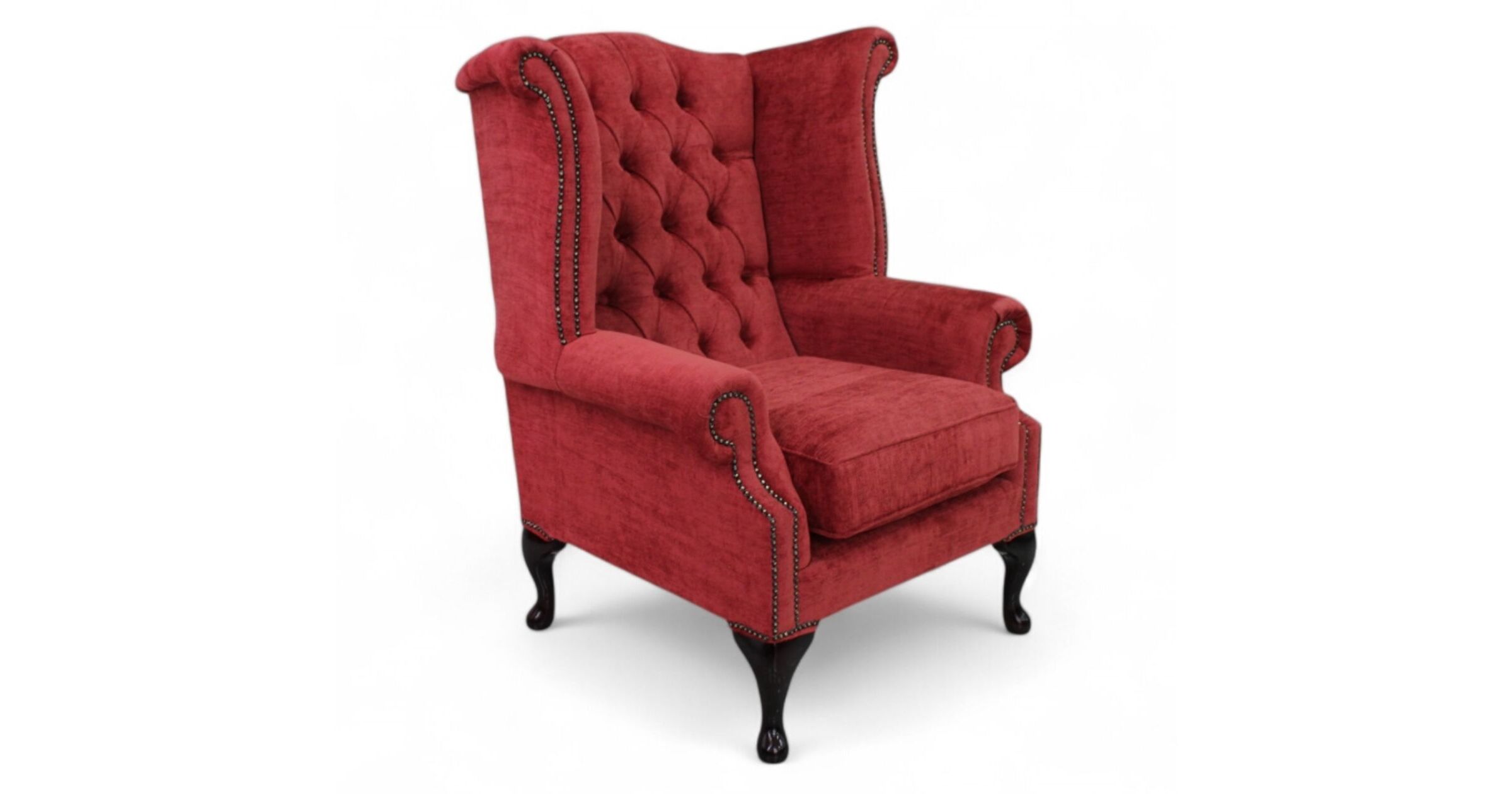 Buy Claret Red Fabric Chesterfield Queen Anne Wing chair | DesignerSofas4U
