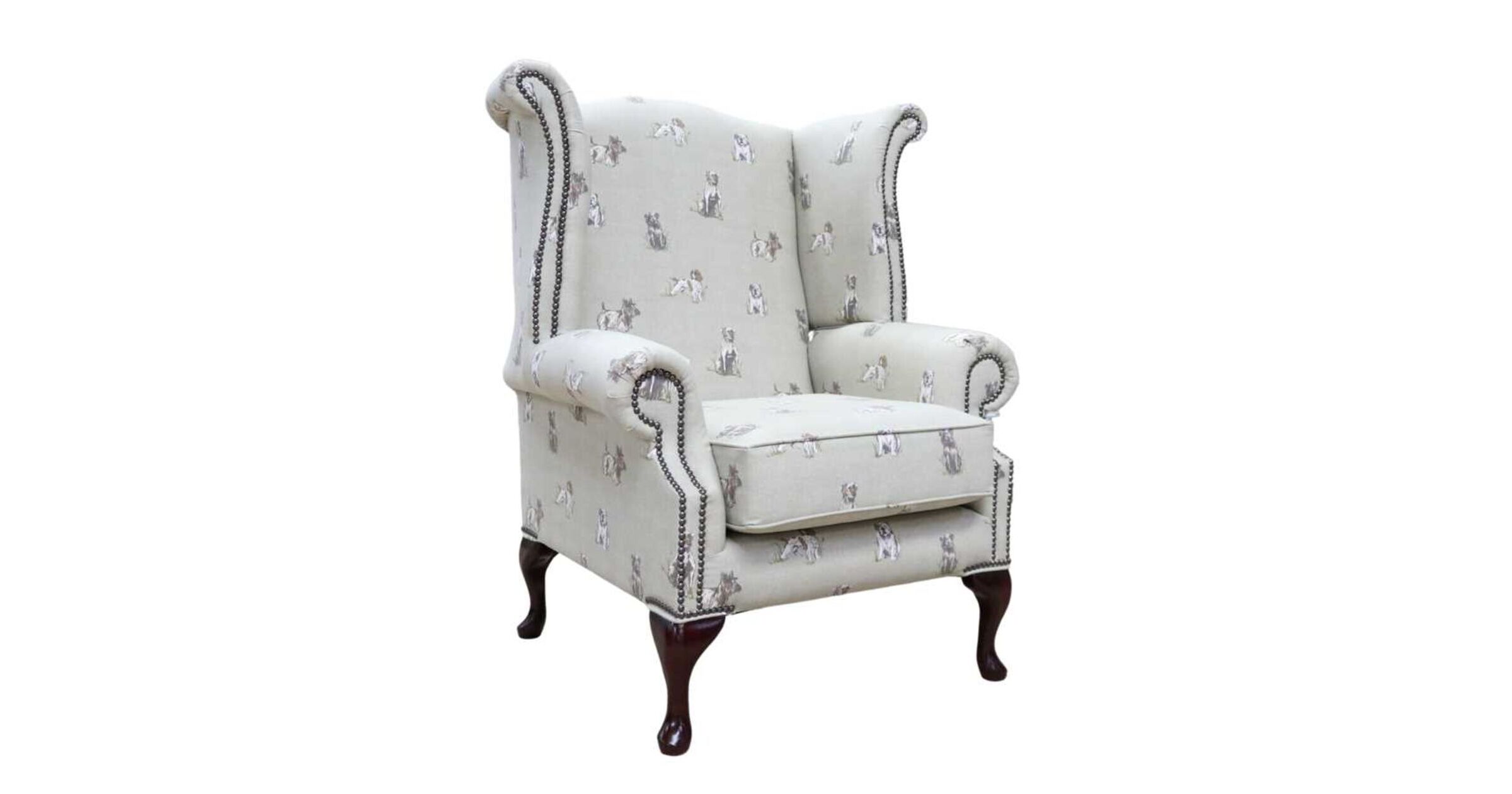 Chesterfield Queen Anne High Back Wing Chair Pooch Natural Fabric