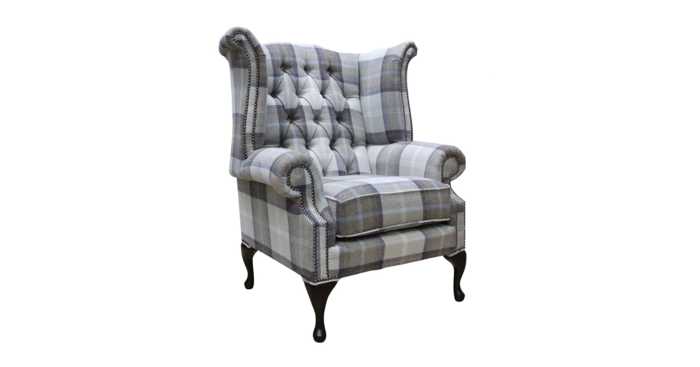 Chesterfield Queen Anne Wing Chair - Blue Checked Fabric, Elegant