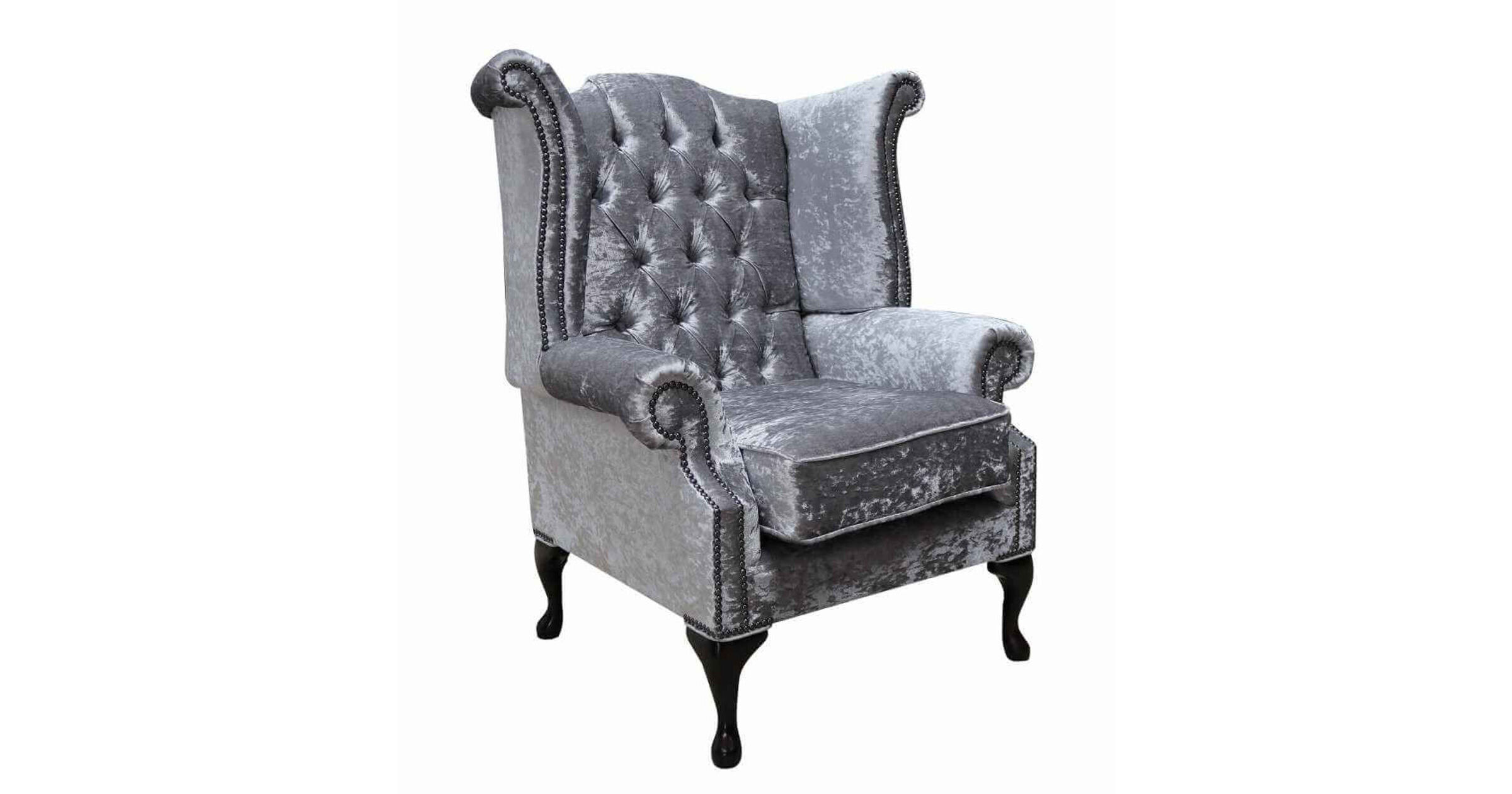 Chesterfield Silver Velvet Queen Anne Chair