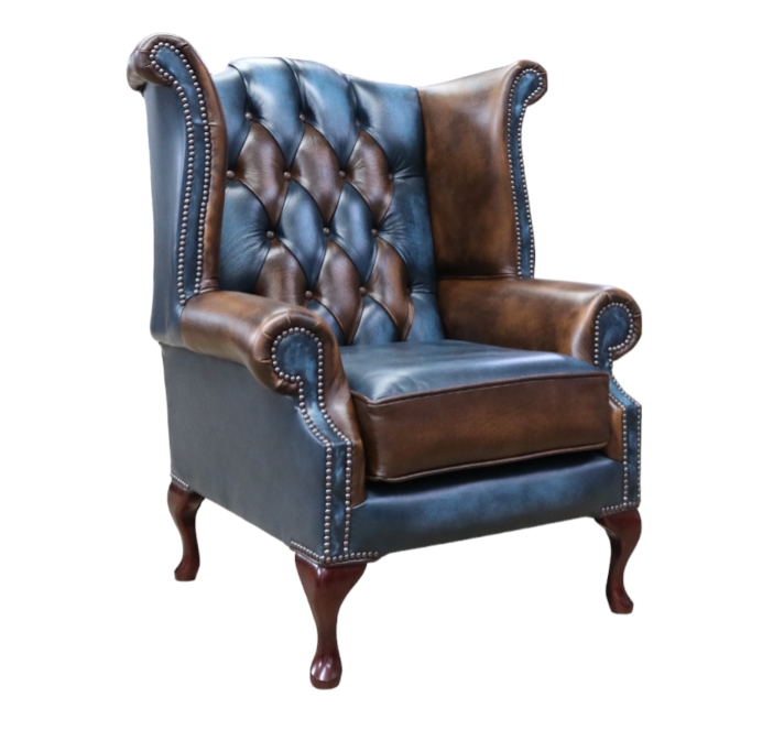 Vintage Patchwork Heritage Queen Anne Wing Chair Antique Blue & Tan Leather