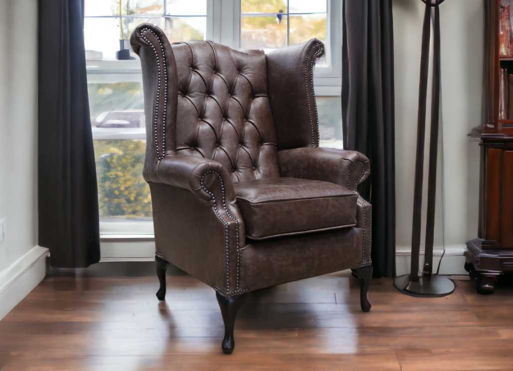 Espresso Chesterfield Queen Anne High Back chair | DesignerSofas4U