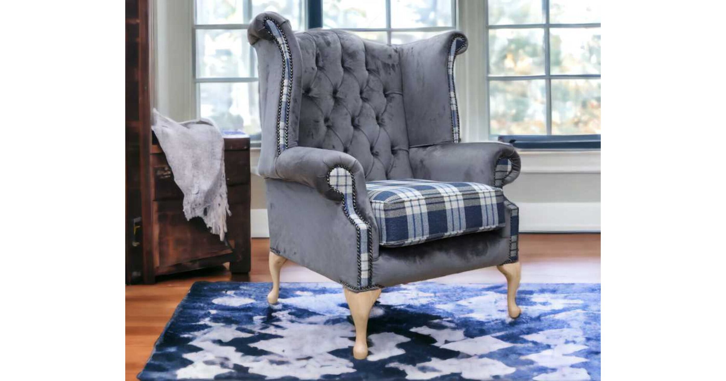 Wing Chair in Indigo Check & Grey Velvet Fabric by Chesterfield